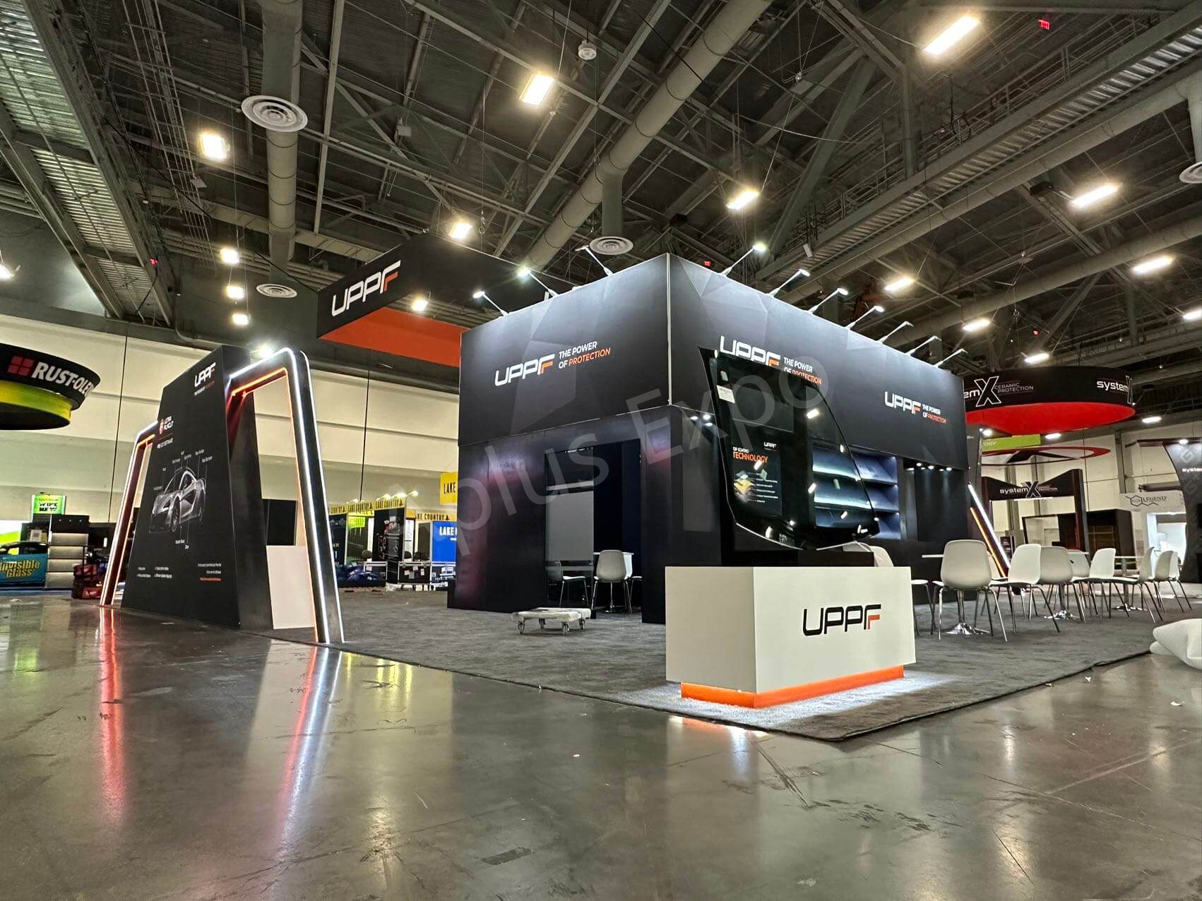 UPPF 50′x50′ SEMA 2023 LED Video Wall Booth - aplusexpo